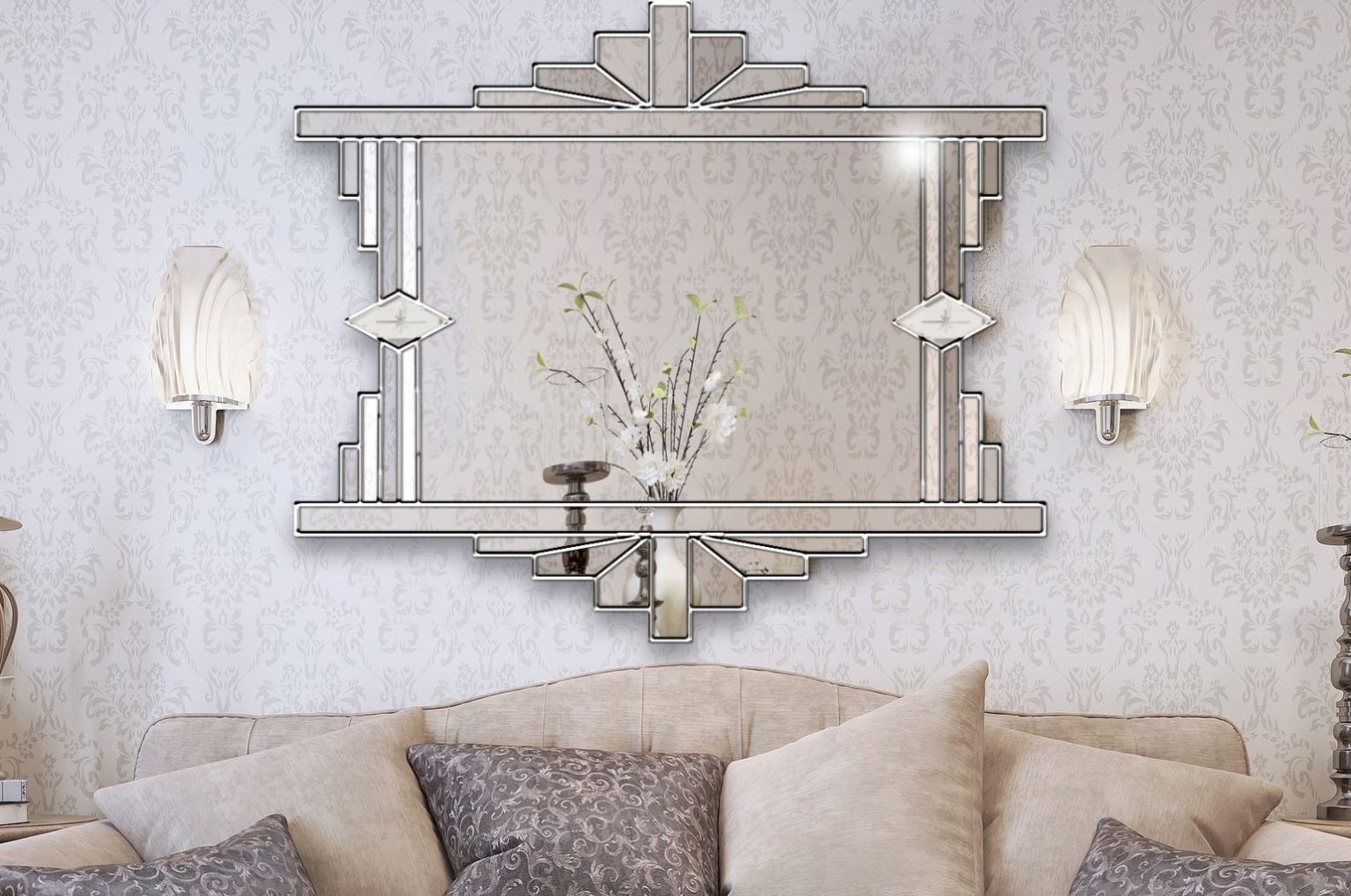 Mia Original Ornate Art Deco Over Mantle Fan Wall Mirror with a Black ...